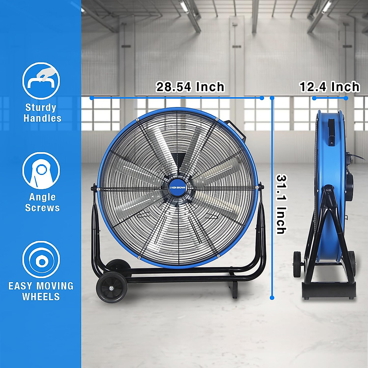 KEN BROWN 24 Inch High Velocity Floor Drum Fan Shop Fans Heavy Duty Blue, 9500 CFM 8 Blades, 3 Speeds, 360 Degree Tilt, Ideal For Industrial Fan, Commercial Fan, Shop Fan, Gym Fan, Garage Fan