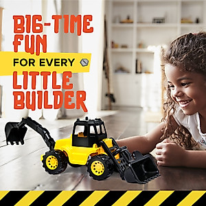 Dragon Drew Backhoe Toy Construction Truck | Front Loader and Excavator Scoop Truck for Kids and Toddlers