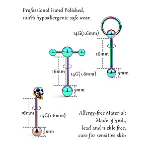 Leiainely Tongue Rings Piercing Jewelry for Women Men Work 14g 14 Gauge Cute Green Rainbow Surgical Stainless Steel Metal Clear Plastic Acrylic Silicone Para La Lengua Aretes Tounge Barbell Balls Set