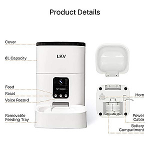 LKV Automatic Pet Feeder, Automatic Food Dispenser for Cats, Dogs and Small Animals, 6L, White (LKV-PFD-101)