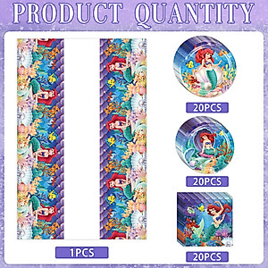 61 PCS PCS Mermaid Birthday Party Supplies, Princess Ariel Tableware Set Includes 40 PCS Plates, 20 PCS Napkins, 1 Tablecloth, for Boys Girls Birthday Party Baby Shower Decorations
