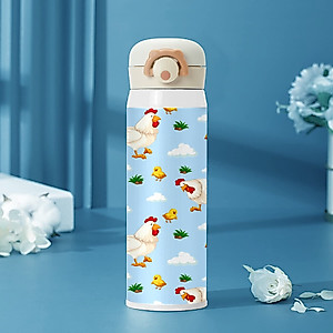 Kids Water Bottle White Chicken Blue Sky Stainless Steel Travel Mug for School Lunch Vacuum Insulated Cups Flask with Locking Push-Button Lid (17 oz)