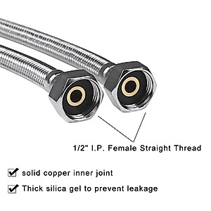 Vataler Faucet Line Connector Braided 304 Stainless Steel Supply Hose 1/2" I.P. Female Thread to 1/2" I.P. Female Straight Thread Faucet Hose Replacement (One Pair)