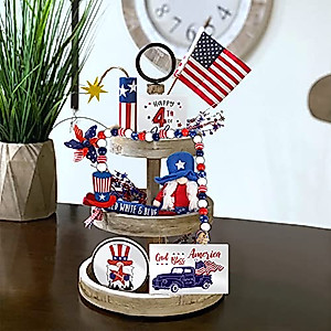 Patriotic Decorations, 5Pcs 4th of July Tiered Tray Decor, Farmhouse 3 Independence Day Decor Wood Signs, Gnome Plush and Bead Garland, Truck Full of Memorial Day Decor for Home Table Kitchen Office