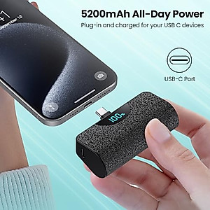 Mini Portable Charger for iPhone 15, Upgraded 5200mAh USB C Power Bank, LCD Display Battery Pack Android Charger Compatible with iPhone 15/15 Plus/15 Pro/15 Pro Max,Samsung S23/S22, Android Phones