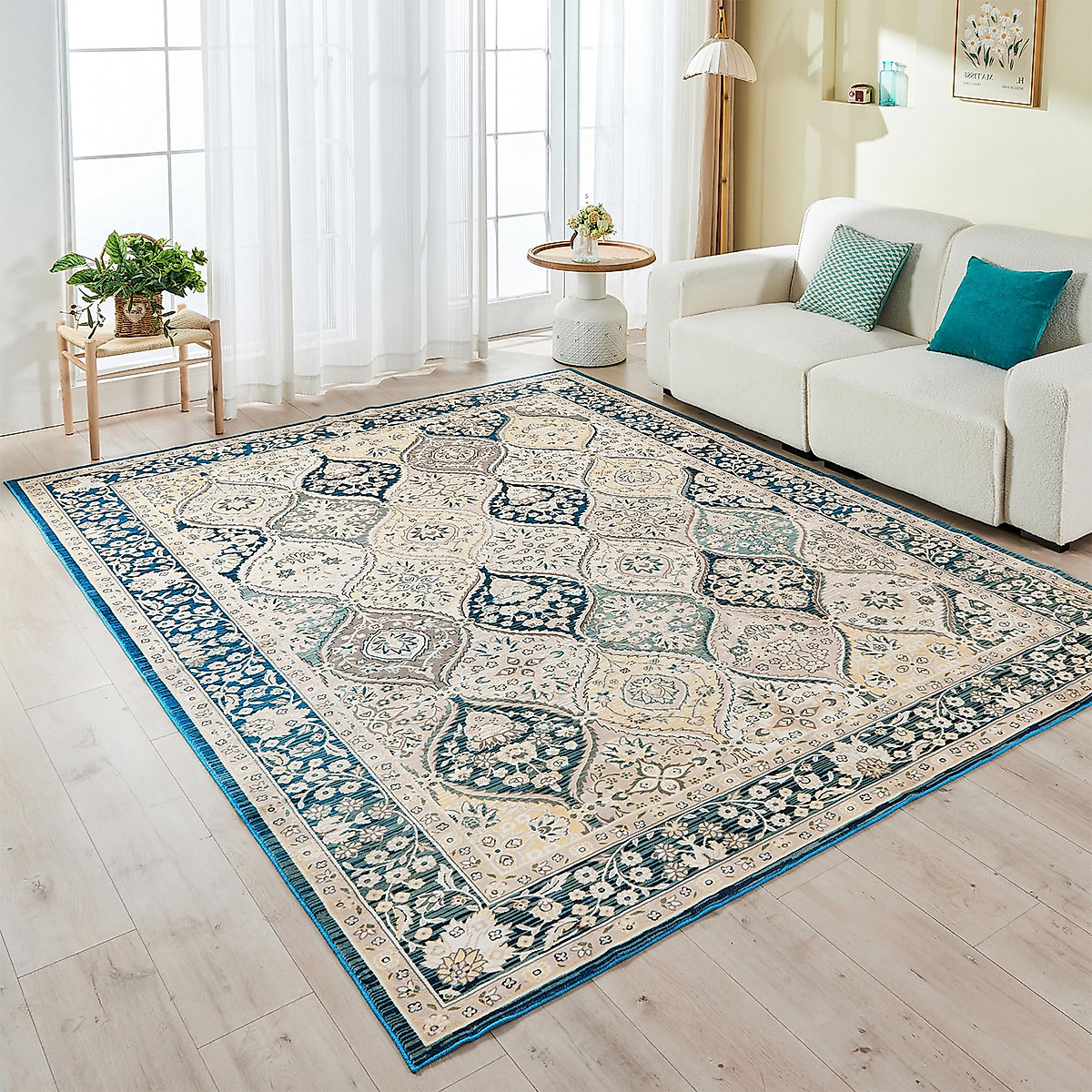 INGEROOM Area Rug 5x7 Machine Washable Area Rug Vintage Flodable Thin Large Area Rug with Non-Slip Backing for Living Room Bedroom, Bathroom, Kitchen 5x7 Area Rugs, Blue