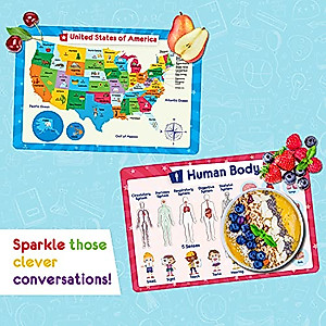Simply Magic 5 Placemats for Kids - Kids Placemats Non Slip, Washable Reusable Children Placemats, Educational Placemats: USA and World Maps, Periodic Table, US Presidents, Plastic Placemats for Kids