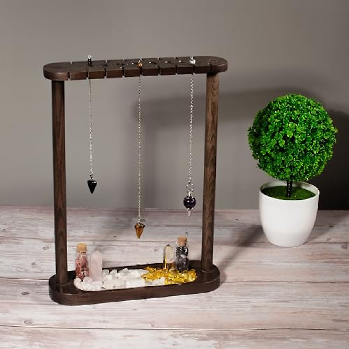 Kihomi Pendulum Display Stand with Tray | Wooden Crystal Stone Holder Up to 17 Pendulums and Crystal Pendants - Aesthetic Witchy Decor, Witchcraft and Wiccan Supplies for Your Spiritual Space (Brown)