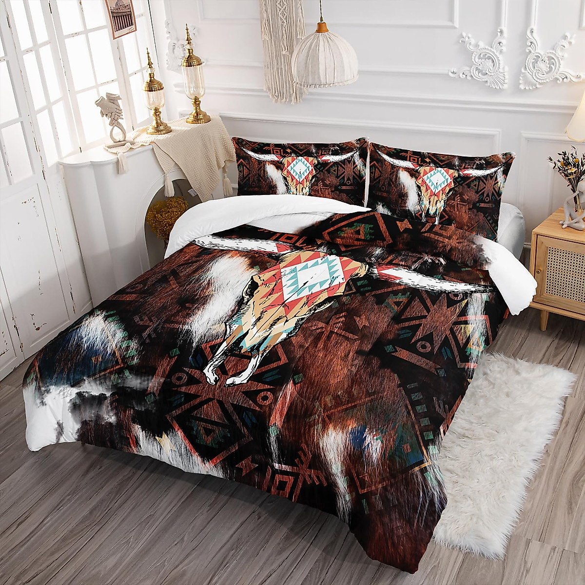 Axolotl Western Boho Bedding Set Queen,Highland Cow Comforter Southwestern Bedding Set,Boho Aztec Comforter Set Western Bedding Set,Cow Print Comforter for Kids Teens Adults,1 Quilt 2 Pillowcases