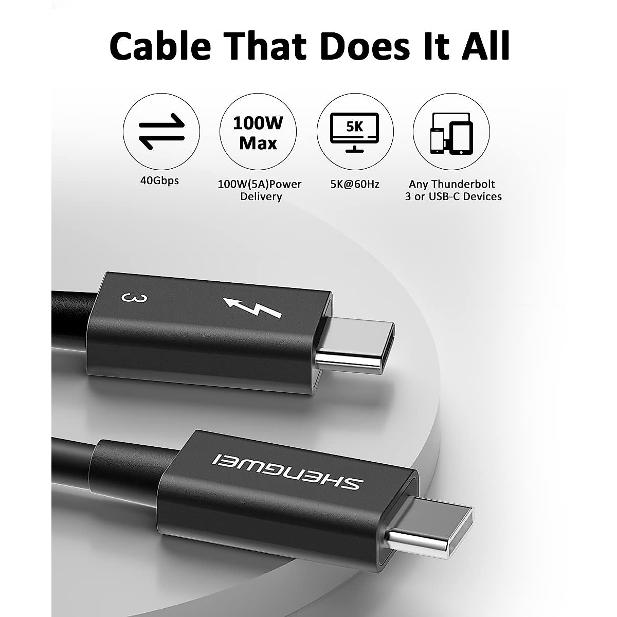 SHENGWEI Thunderbolt 3 Cable 2.3 ft, USB C Cable Supports 40Gbps Date Transfer 100W Charging(20V 5A) Single 5K@60Hz Monitor, Ideal for Type-C MacBook, Dell, Apollo, Pixel, Docking, Hub and More