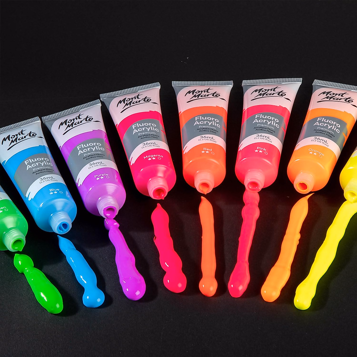 Mont Marte Fluoro Acrylic Paint Set, 8 x 1.02oz (36ml) Tubes, 8 Colors, Suitable for Most Surfaces Including Canvas, Card, Paper and Wood