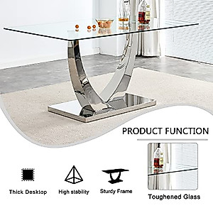 Glass Dining Table for 6 People, 62.8" Modern Kitchen Dining Room Table with Rectangular Tempered Glass Tabletop and U-Shape Pedestal Base,Large Dinner Pedestal Table for Dining Room