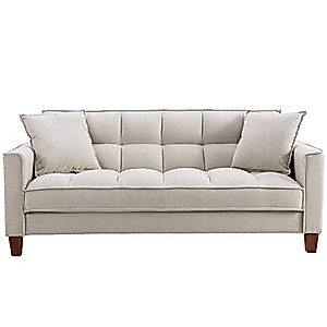 Melpomene 70" W Mid Century Modern Linen Loveseat Sofa,Tufted Upholstered Small Sofa Couch with 2 Pillows and Wood Legs,for Small Space, Apartment, Dorm, Bedroom, Office (Beige)
