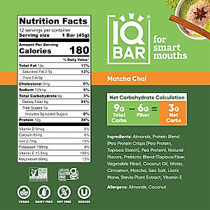 IQBAR Brain and Body Plant Protein Bars - Matcha Chai - 12-Count Low Carb - Gluten Free, High Fiber, Vegan Snacks - Low Sugar Meal Replacement
