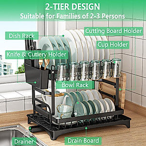 Dish Drying Rack, Multifunctional Dish Rack, Rustproof Kitchen Dish Drying Rack with Drainboard, Space-Saving 2-Tier Dish Drying Rack with Utensil Holder & Cup Holder for Kitchen Counter,Black