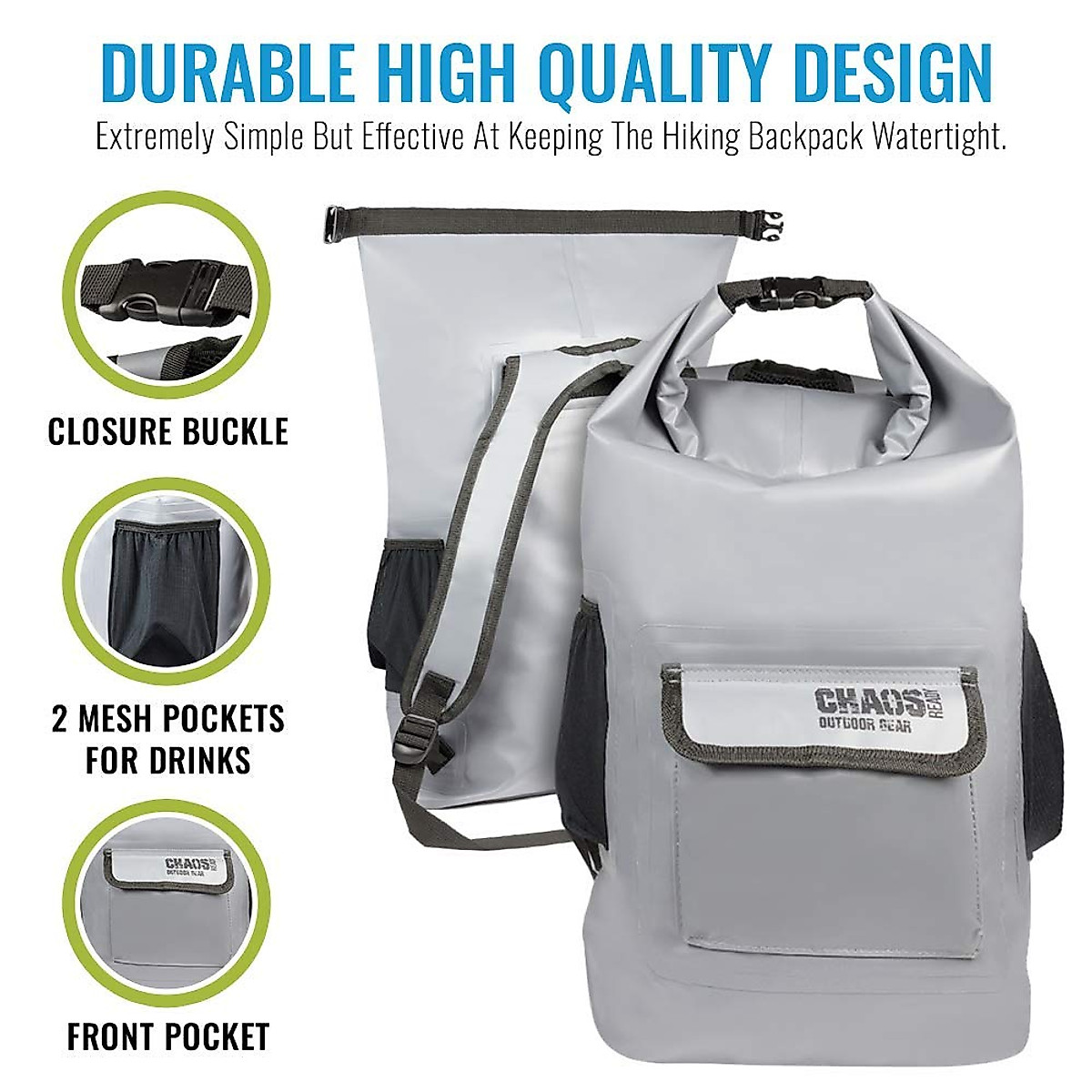 Chaos Ready Waterproof Dry Bag Backpack | Marine Dry Bag For Kayaking, Fishing, Gray,