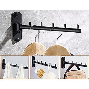 Folding Wall Mounted Clothes Hanger Rack with Swing Arm, Clothes Hanger Rack for Laundry Room Valet Hook, Foldable 180°Rotation, Stainless Steel 304 Folding Clothes Hanger Drying Rack Rod (Black)