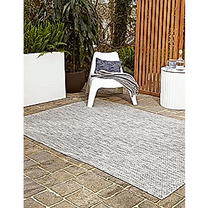 Unique Loom Collection Casual Transitional Solid Heathered Indoor/Outdoor Flatweave Area Rug, 4 ft x 6 ft, Light Gray/Ivory