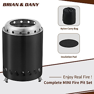 BRIAN & DANY Tabletop Solo Fire Pit with Stand, Smokeless Firepit for Outside, Stainless Steel Stove Bonfire, Fueled by Pellets or Wood, Includes Travel Bag & Fireproof Mat - 7.9 x 5.5in,Black