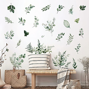 decalmile Botanical Green Leaves Wall Stickers Eucalyptus Leaf Plants Wall Art Decals Bedroom Living Room TV Background Wall Decor