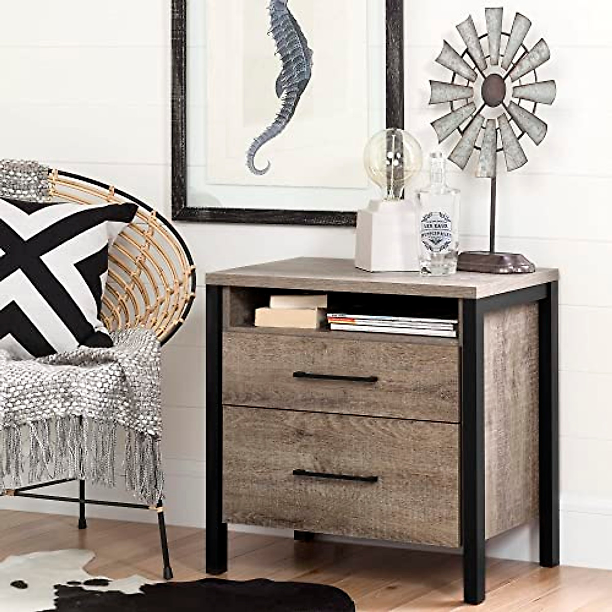 South Shore Munich 2-Drawer Nightstand, Weathered Oak and Matte Black with Metal Handles