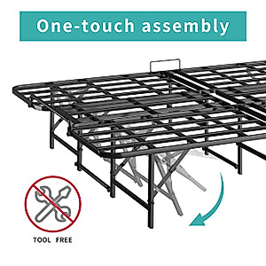 Queen Foldable Bed Frame, 14.2" High Portable Metal Platform Bed Frame with Tool Free Setup, Queen Size Collapsible Sturdy Steel Frame, No Box Spring Needed, Black