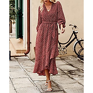BTFBM Women Long Sleeve Wrap Maxi Dress V Neck Boho Floral High Waist Flowy Ruffle 2023 Summer Fall Dresses with Belt(Floral Wine Red White, XX-Large)