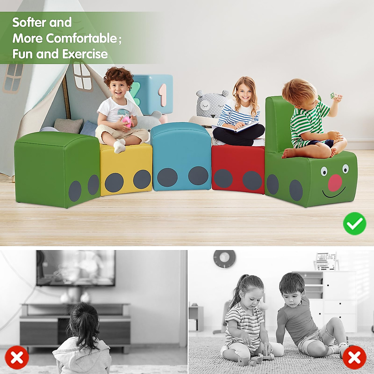 KINTNESS 5 Pcs Sofa Set Kids Flexible Seating Soft Foam Stool, Colorful Cartoon Leather Chair for Classroom, Daycares, Kindergarten and Nursery, Train