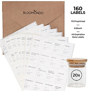 Bloomondo Empty Spice Jars with Label Pack (20x Bamboo Lid Glass Jar). Small 2.5oz Storage Bottles with 112 Printed Stickers and 48 Writable Pantry Labels for Seasoning Containers