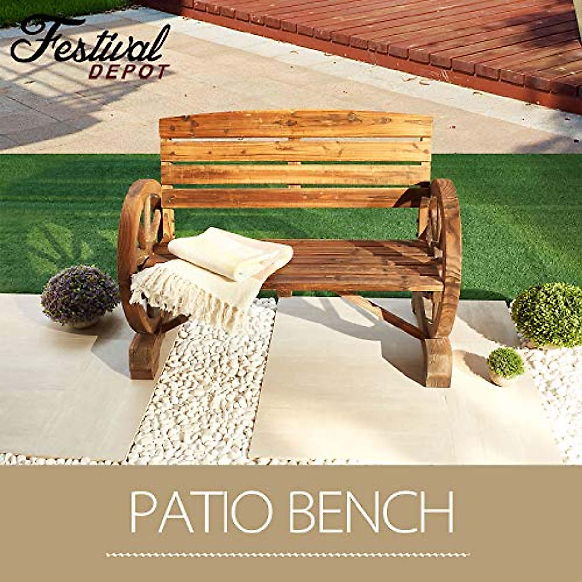 Festival Depot Wooden Wagon Wheel Bench Rustic Armrest Chair 2-Person Outdoor Patio Furniture Loveseat with Backrest, Slatted Seat for Garden Country Yard, Burnt-Finished