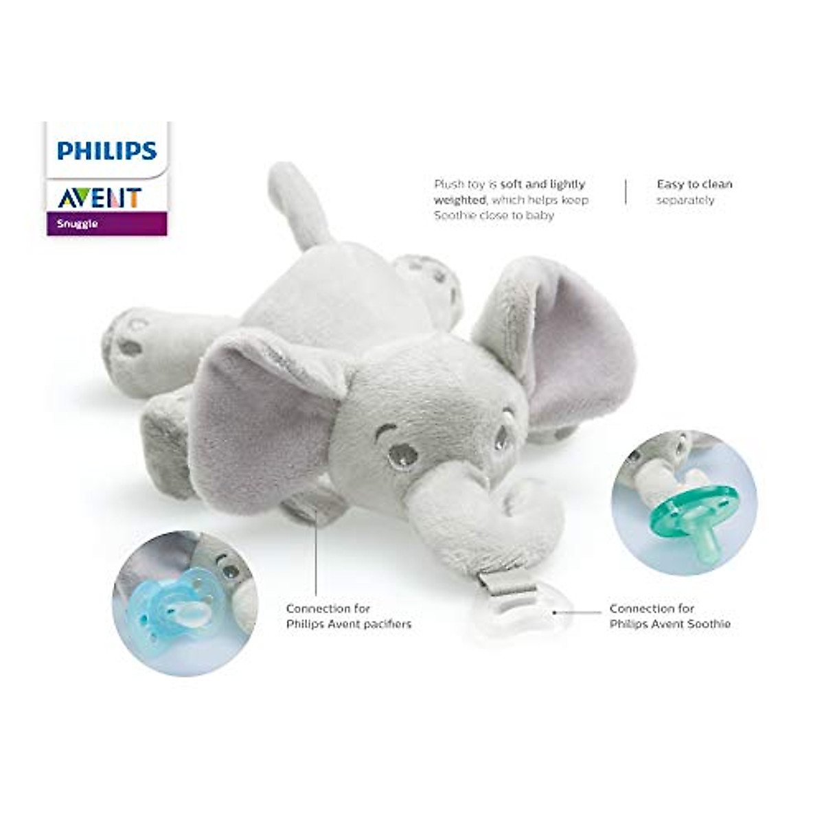 Philips AVENT Soothie Snuggle Pacifier Holder with Detachable Pacifier, 0m+, Elephant, SCF347/03