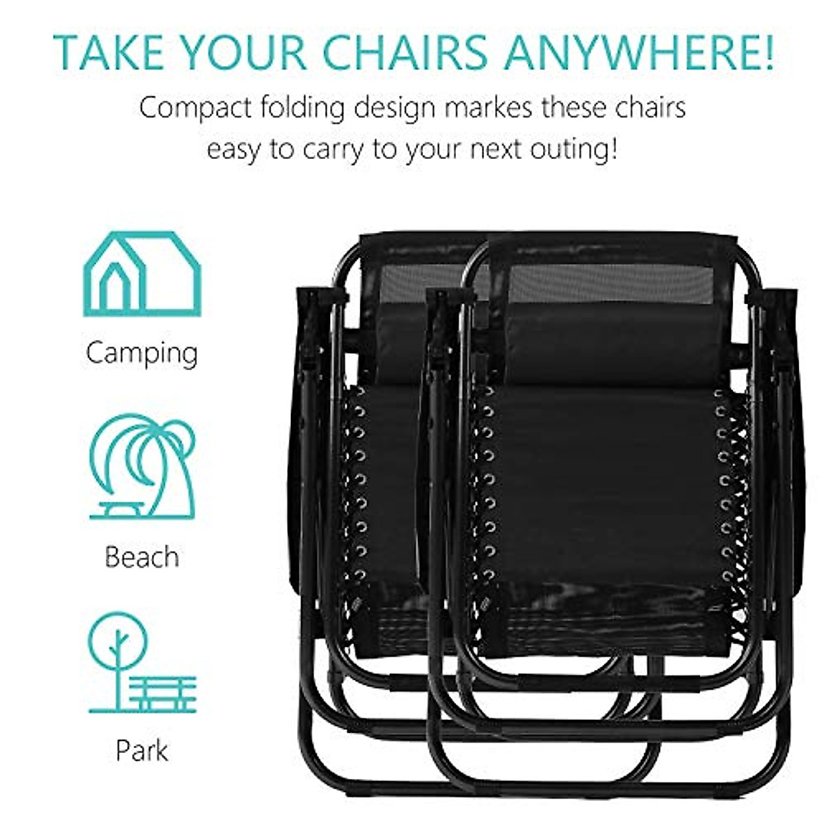 Outdoor Zero Gravity Chair 2 Pack, Folding Lounge Chair Recliners Indoor Outdoor Furniture Adjustable Camping Chair Backyard Chair Deluxe Loveseats w/Pillow and Cup Holder Tray, Black