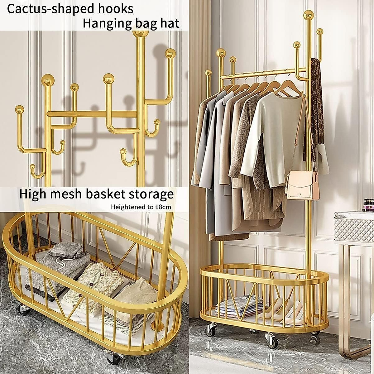 REROM 360° Wheels Free-Standing Coat Rack,with 4 Hooks Clothes Rack Garment Rail Storage Basket for Bedroom Living Room Garment Rack (Color : White, Size : 80cm)