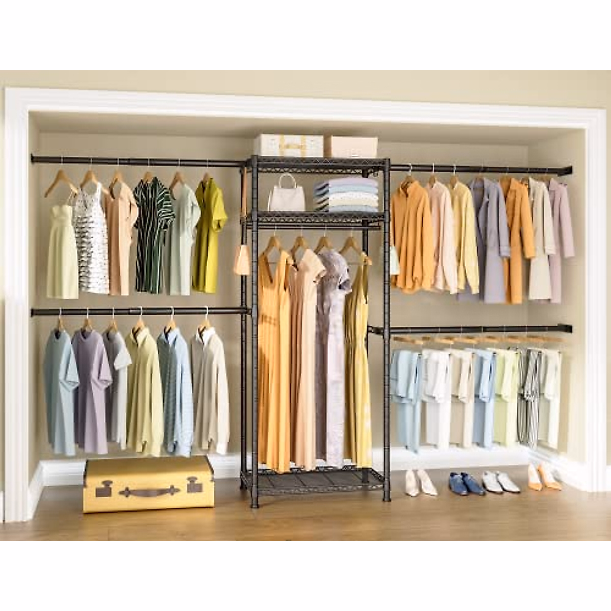 Ulif M3 Clothes Rack Closet Organizer and Storage System 3 Tiers Built-in Wall Mounted Heavy Duty Garment Rack with 4 Expandable Hanger Rods, Fits Space 4.3-9.3 ft, 72.2"H, Load Capacity 710LBS, Black