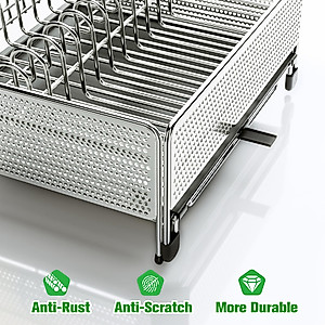 eWonLife Dish Drying Rack, Extendable Dish Racks for Kitchen Counter, Stainless Steel Dish Drainers, Compact, Rust-Proof, Dish Strainer with Sponge, Cutlery Caddy (Silver)