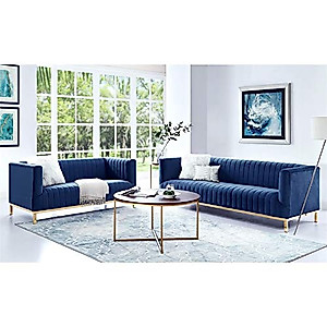 Posh Living Hayden Velvet Tuxedo Loveseat with Y-Metal Base in Navy Blue/Gold