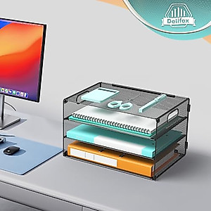 4-Tier Letter Tray Paper Organizer with Handle,Mesh File Holder Organization Document Storage for Office Home School, Black