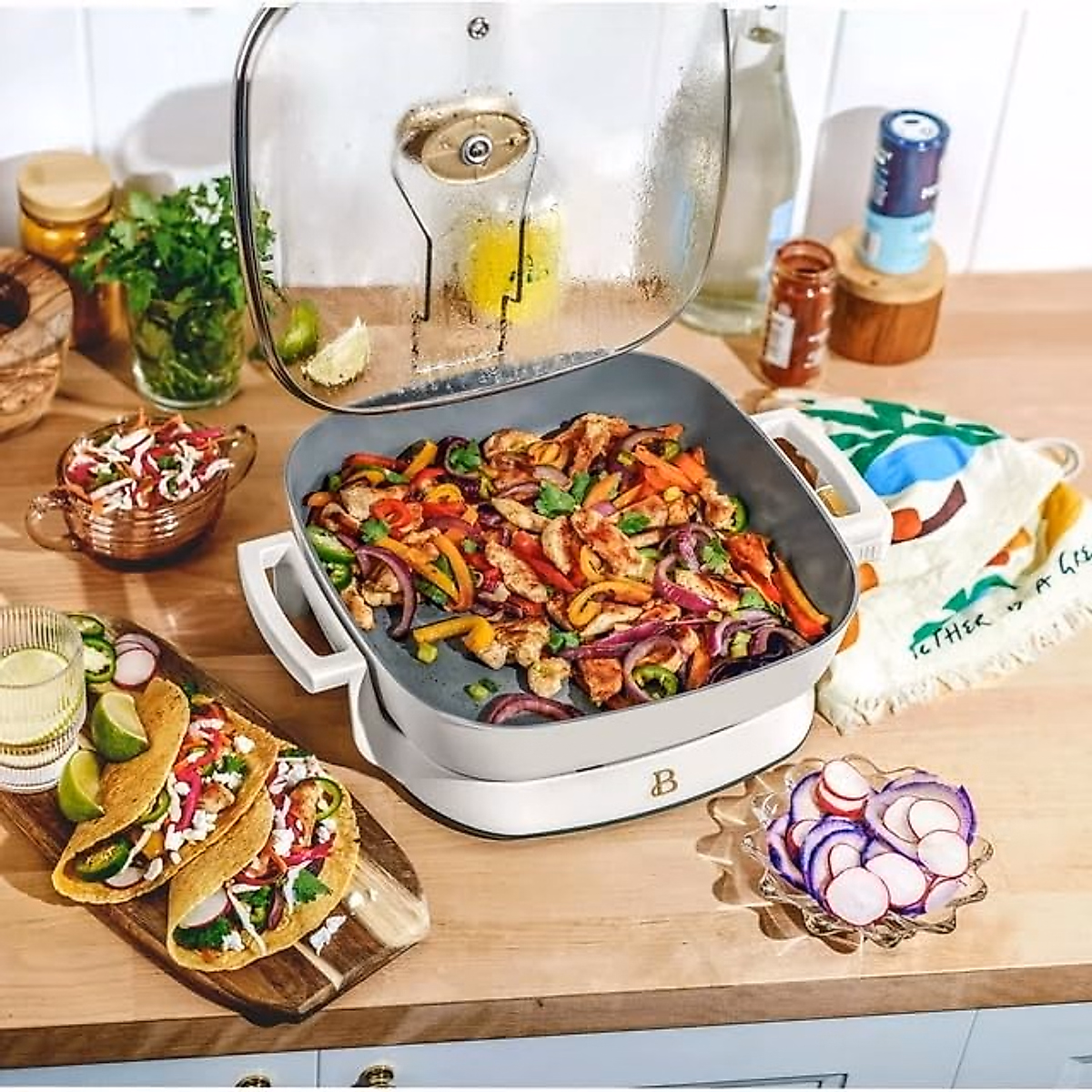 Thcbme 5 in 1 Electric Skillet - Expandable up to 7 Qt with Glass Lid (White Icing), 4SFSS1