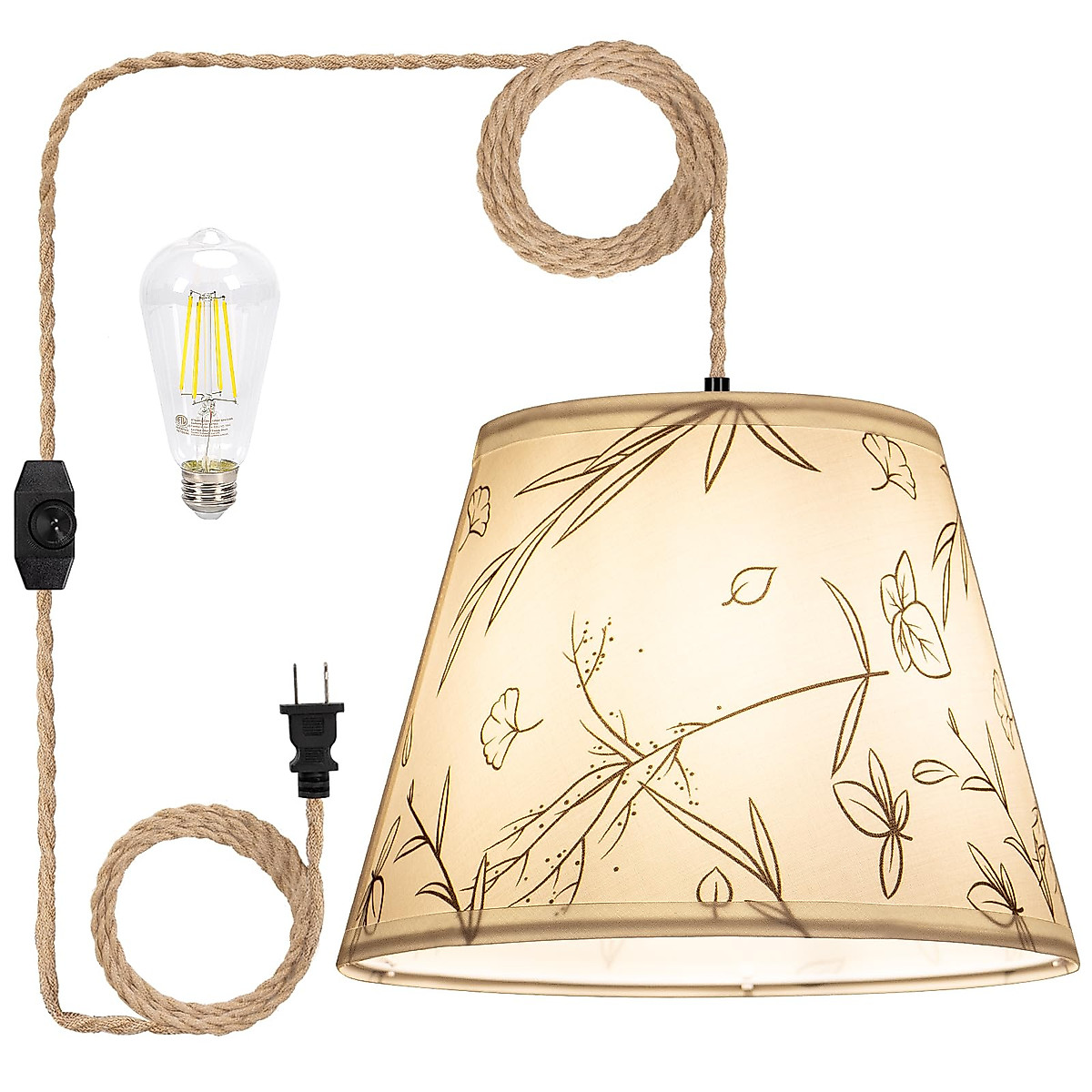 Dexnump Plug in Pendant Light, Hanging Light with Plug in Cord Dimmable Switch, Hanging Lamp with 15 ft Hemp Rope Cord, Pendant Light Fixture for Bedroom Kitchen Island Living Room (Bulb Included)