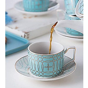 Jusalpha Porcelain Tea Set-Service of 4- Modern Elegant Mint Green Tea Cup and Saucer Set-Coffee Cup Set with Saucer and Spoon,TCS15 (4) (Blue)