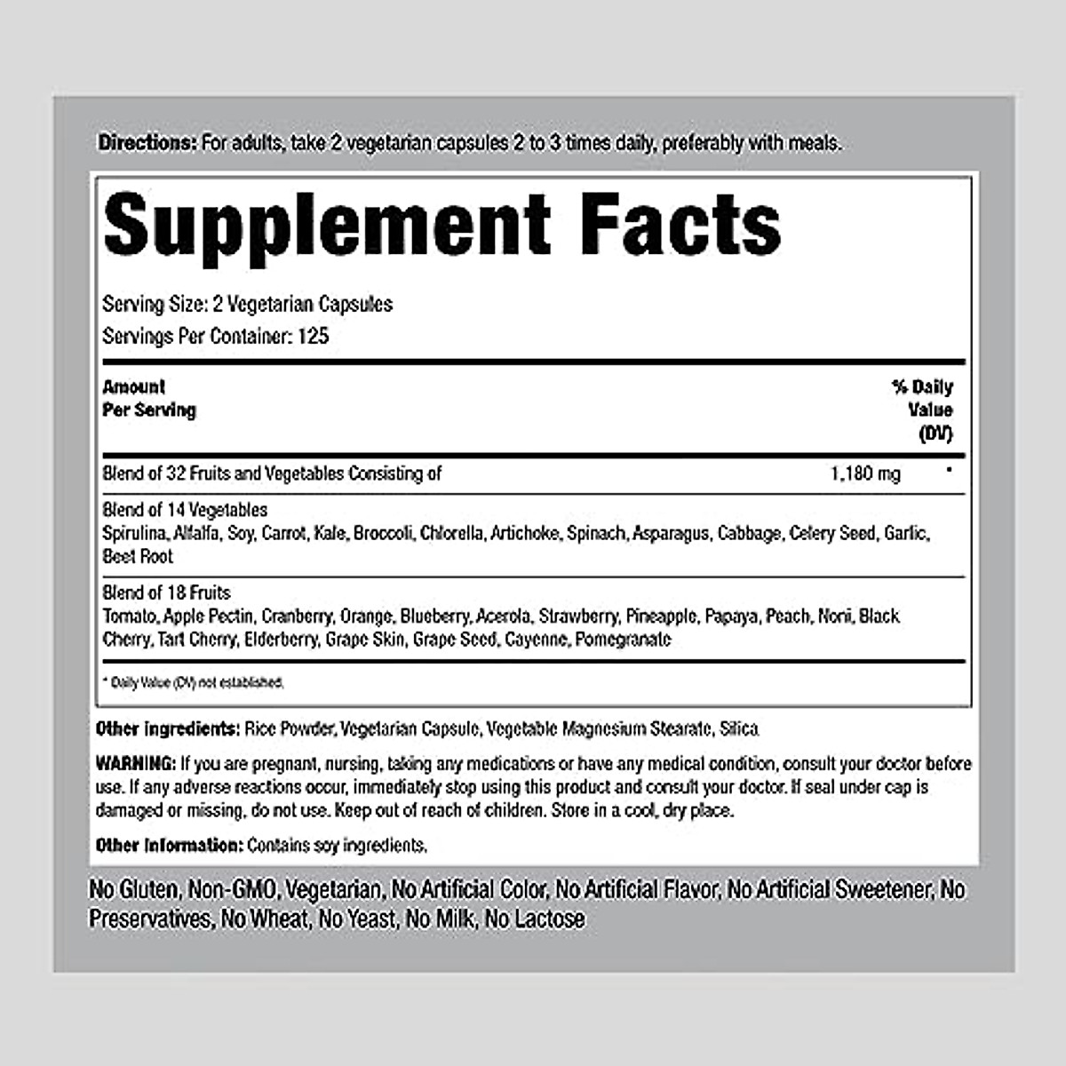 Piping Rock Fruits and Veggies Supplement | 250 Capsules | Superfood Fruit and Vegetables Vitamins | Vegetarian, Non-GMO, Gluten Free