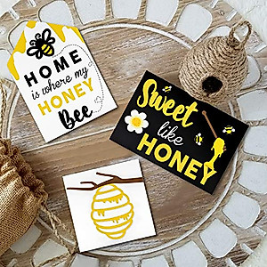 Huray Rayho Bee Wooden Sign Tiered Tray Decor Set of 3, 3D Raised Letter Laser Cutting Bumble Bee Wood Block Spring Summer Farmhouse Home Kitchen Decor Self-Standing Display for Tray, Mantel, Shelf
