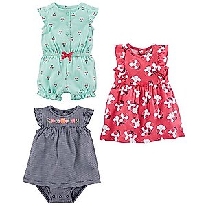 Simple Joys by Carter's Baby Girls' 3-Pack Romper, Sunsuit and Dress, Mint Green Cherry/Navy Stripe/Pink Floral, 3-6 Months