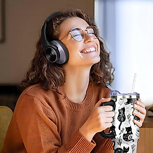 qoepfnsh 40 oz Cat Tumbler with Handle and Straw, Cat Floral Stainless Steel Vacuum Insulated Travel Coffee Mug Cup Water Bottle, Kitty Stuff Accessories Decor, Cats Lover Gifts for Women Girls