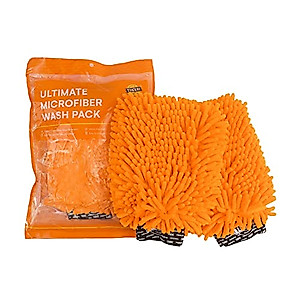 TIIKERI Premium Car Wash Mitt 2PKS 10.2x8.3” Super Car Wash kit Exterior Care Products Microfiber Chenille Wash Mitt Scratch Free (Orange)