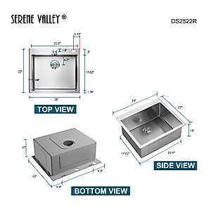 Serene Valley Stainless Steel Kitchen Sink,25-Inch Thick Deck Dual Mount, Single Bowl with Rear Drain, Heavy-Duty Grids DS2522R