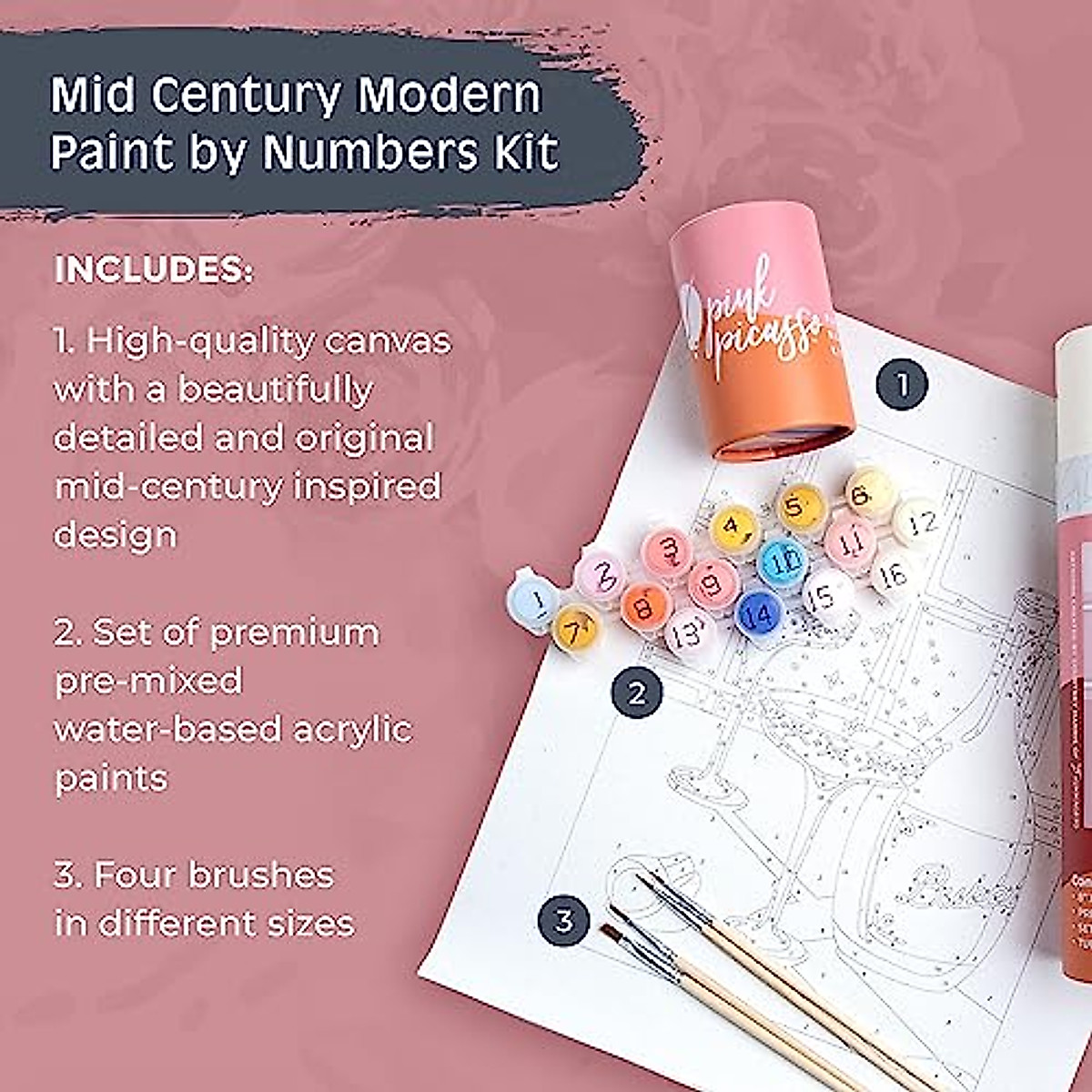 Pink Picasso Kits Mid Century Modern Paint by Number for All Ages | DIY Color by Numbers Craft Kit Acrylic Paint Canvas Beginners Painting Kits as Seen On Shark Tank | (Be Bubbly) 8x10-Paint Kit Set