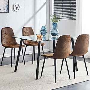 51" Glass Dining Table Set for 4, Small Rectangle Kitchen Room Table with 4 Brown Chairs, Modern Clear Tabletop with Black Metal Legs for Apartment Dining Room Kitchen Living Room