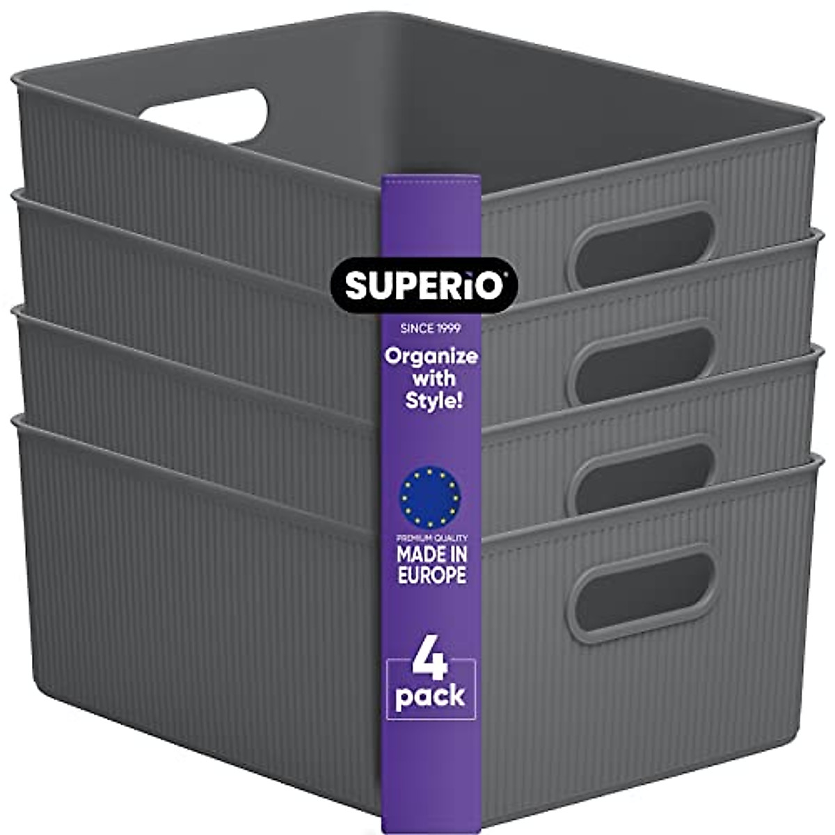 Superio Decorative Plastic Open Home Storage Bins Organizer Baskets, Large Grey (4 Pack) Container Boxes for Organizing Closet Shelves Drawer Shelf - Ribbed Collection 15 Liter/16 Quart