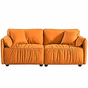 JULYFOX Low Profile Orange Couch Sofa, 75 in Wide Mid Century Modern Sofa Overstuffed Wide Pillow Armrest Lazy Style 2 Toss Pillows Included for Small Living Room
